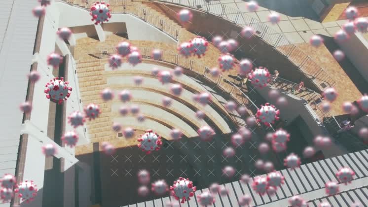 Animation of macro Covid-19 cells floating over people walking on ...