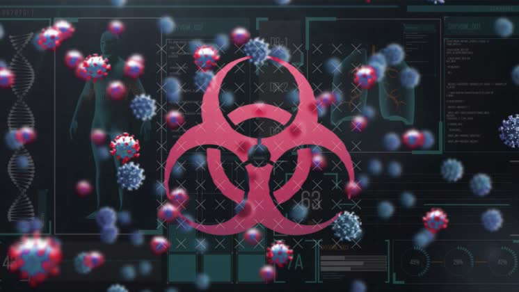 Video: Animation of macro Covid-19 cells floating on black background with a red virus sign ...