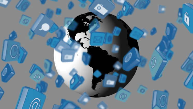 Video: Animation of media icons over globe. global social media ...